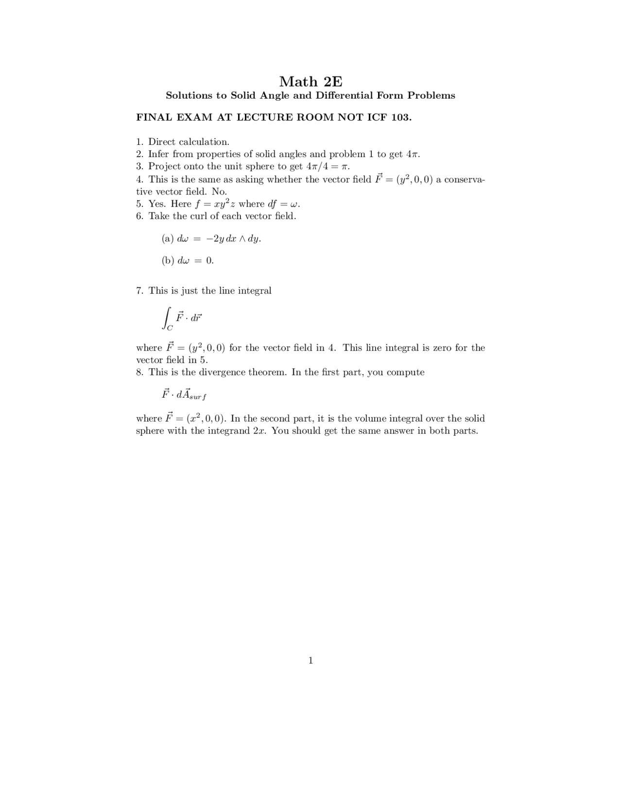 Solutions To Solid Angle And Differential Form Problems Final Exam