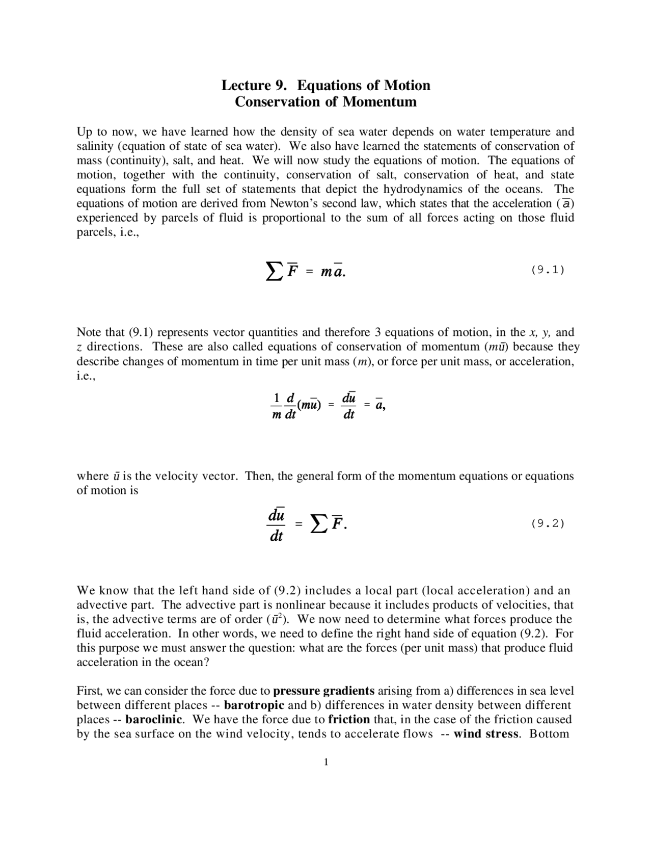 Equations Of Motion Conservation Of Momentum Lecture Notes Ocp