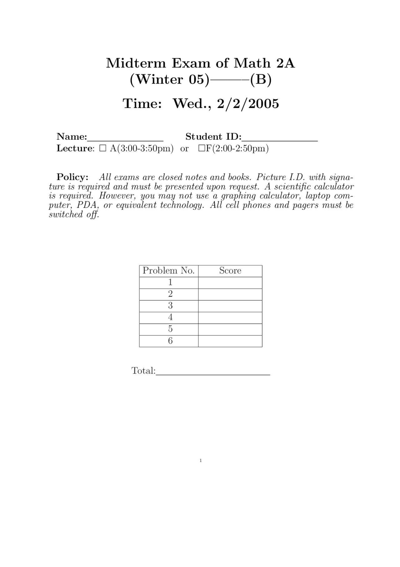 Mid - Term Exam Paper - Calculus | Math 2A | Exams Calculus | Docsity