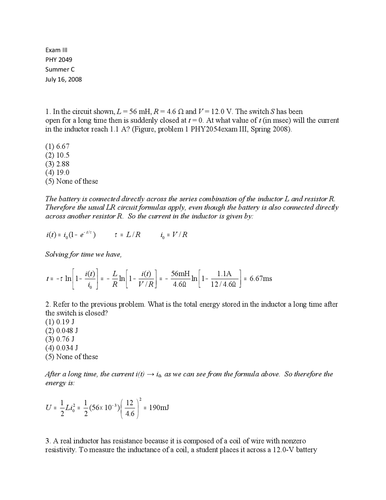 Solved Problems On Physics With Calculus Ii Exam Phy 2049 Docsity