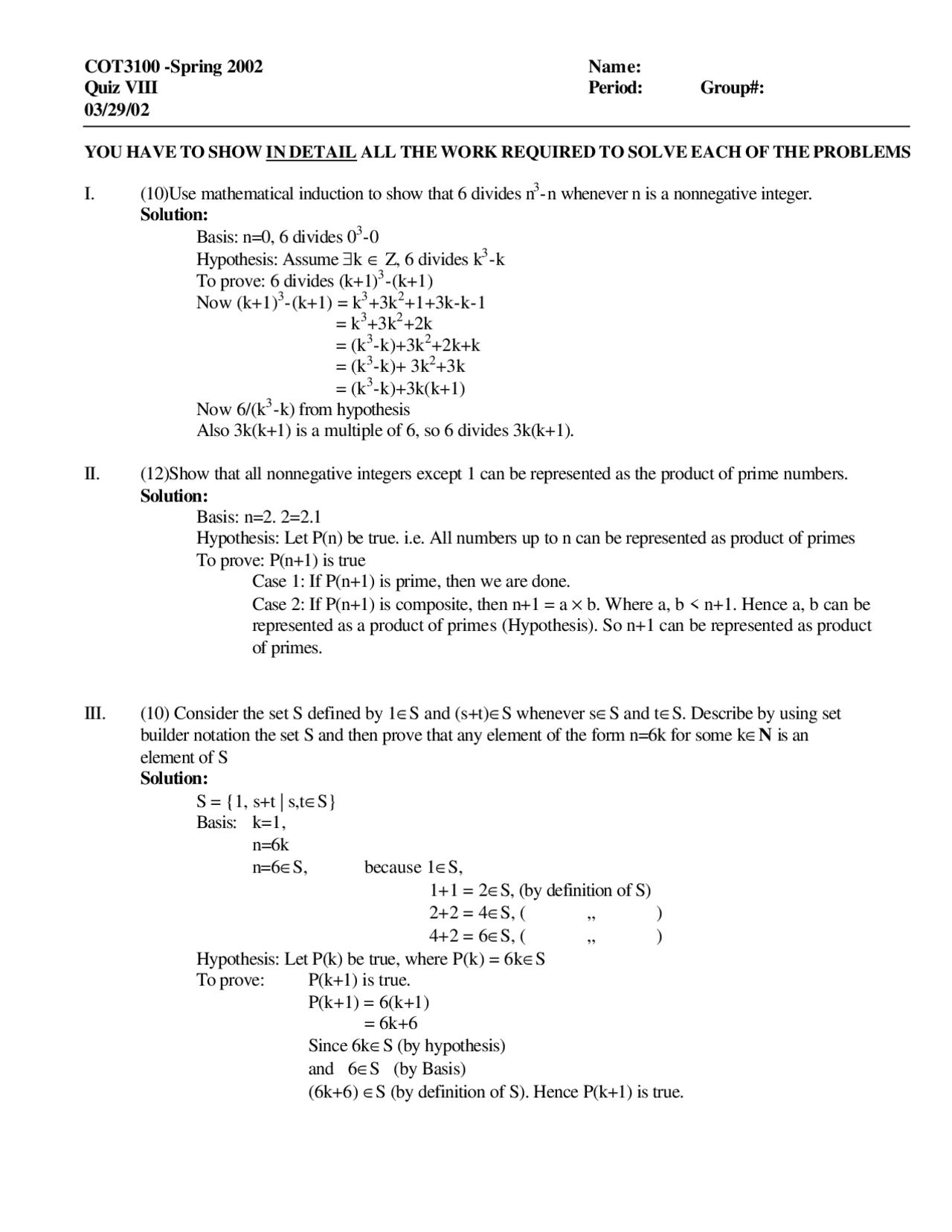 Quiz 8 With Solutions Applications Of Discrete Structures Cot 3100