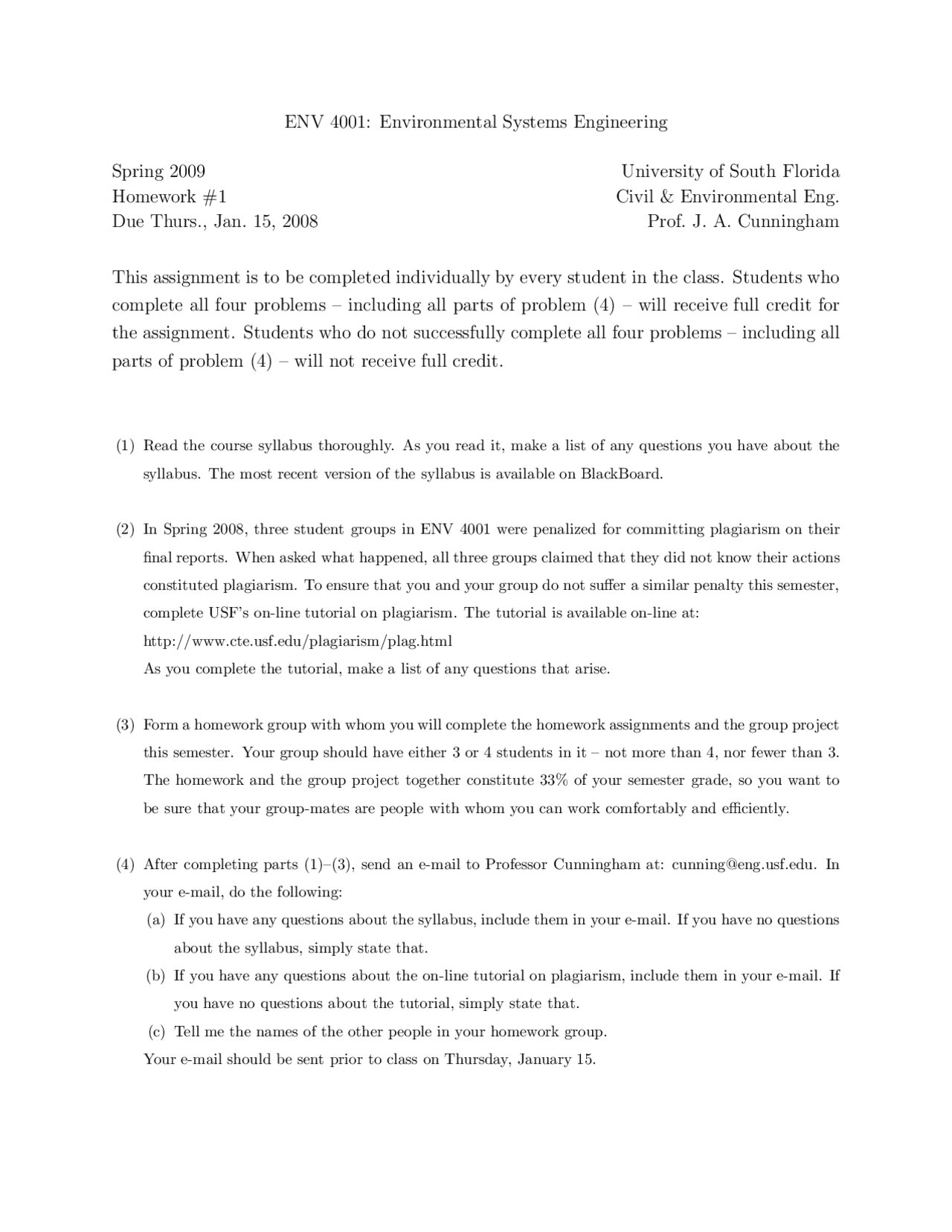 Assignment 1 Environmental Systems Engineering Env 4001 Docsity