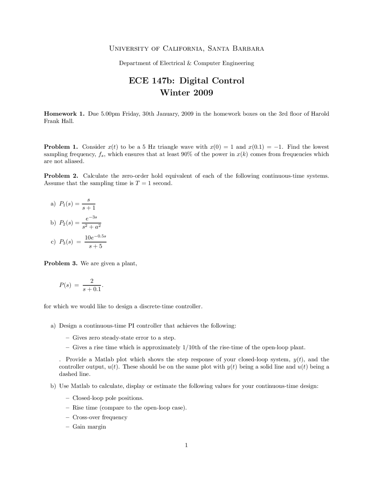 Digital Control Homework for ECE 147b at University of California, Santa Barbara | Assignments ...