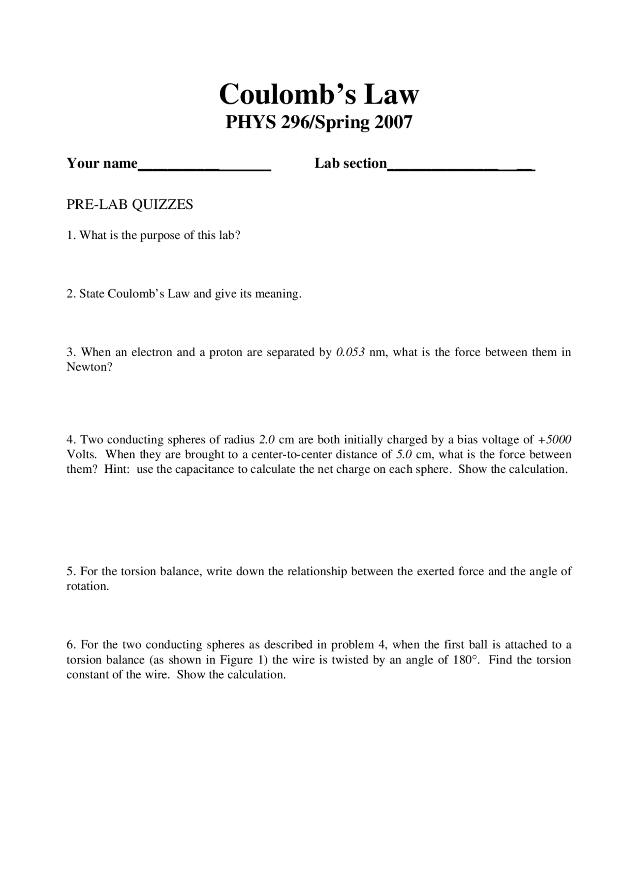 Prelab Quizzes On Coulombs Law Introduction To Laboratory Ii Phys