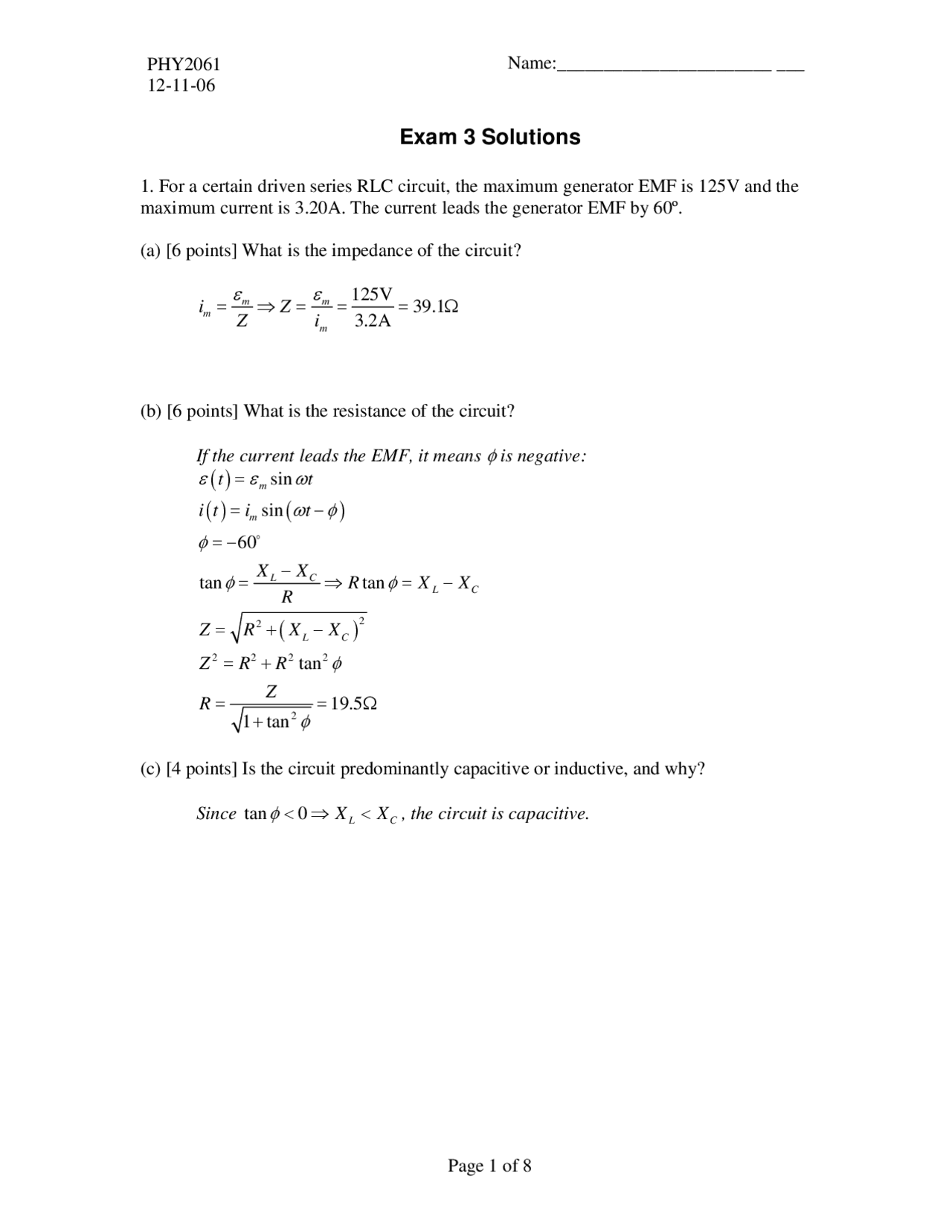 Exam 3 Solutions Enriched Physics With Calculus 2 Phy 2061 Docsity