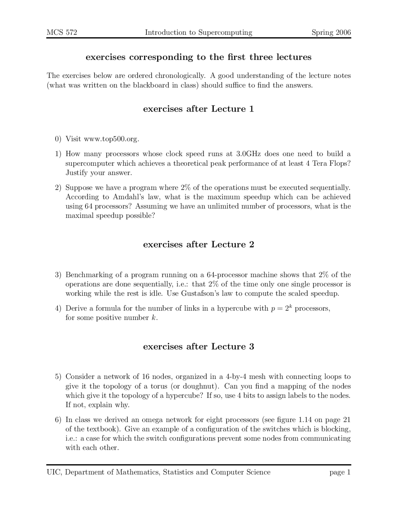 Sample Exercise Problems Introduction To Supercomputing Mcs 572