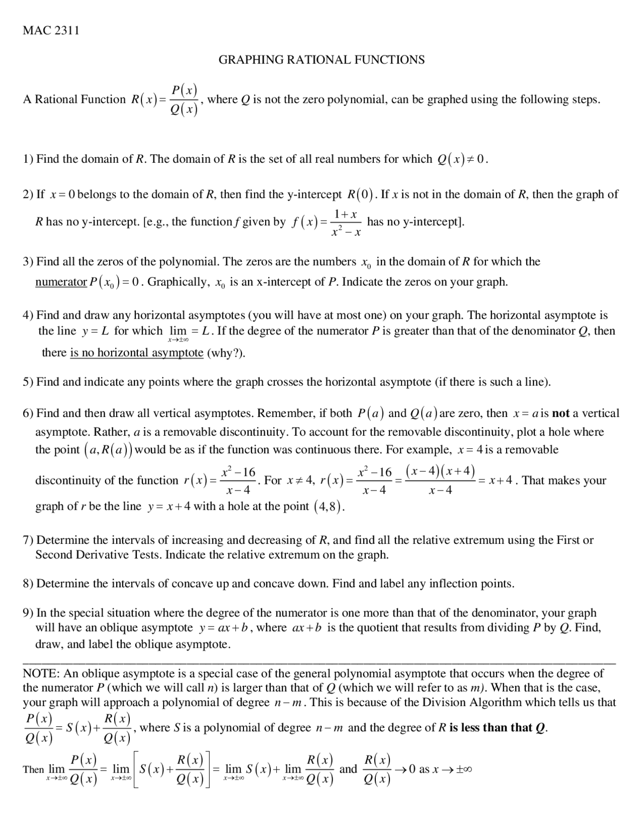 Graphing Rational Function - Calculus I | MAC 2311 - Docsity