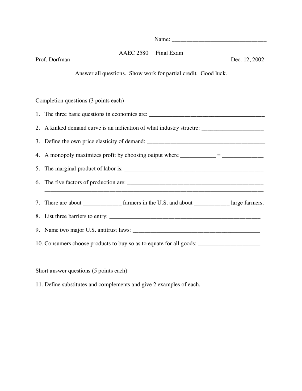 Final Exam With 20 Questions Applied Microeconomic Principles Aaec