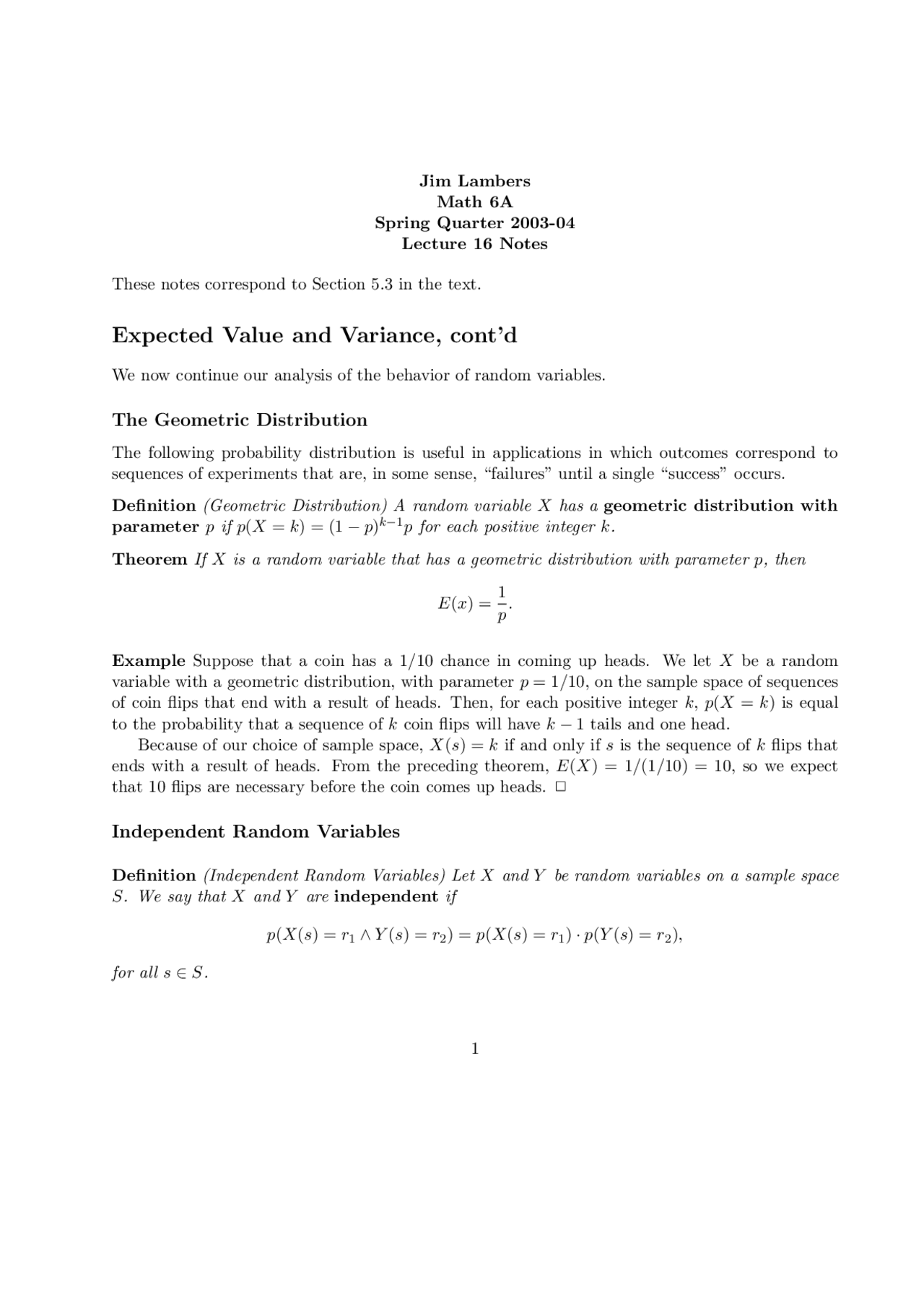 Expected Value And Variance Continued Lecture Notes Math 6 Docsity