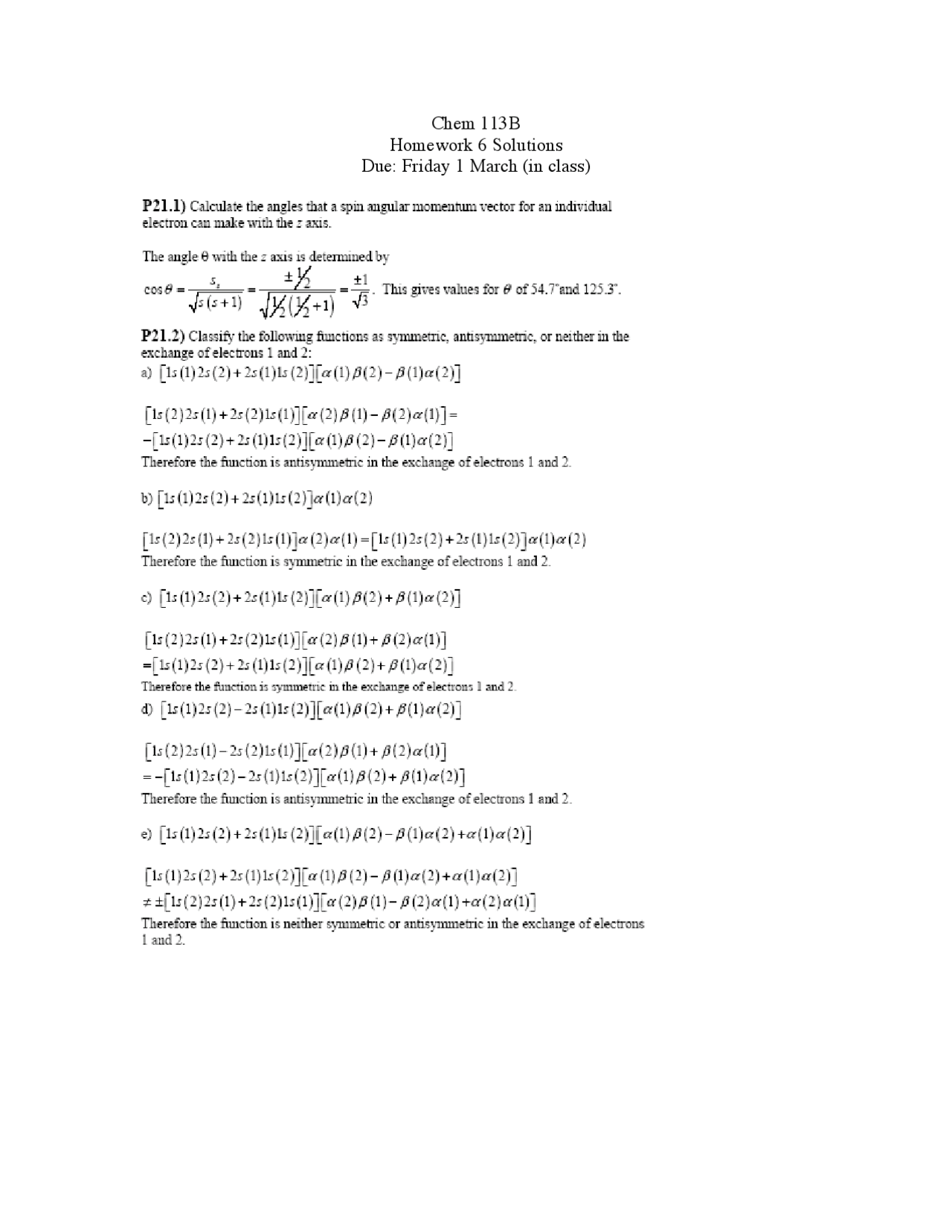 Homework 6 Solutions Physical Chemistry Chem 113b Docsity