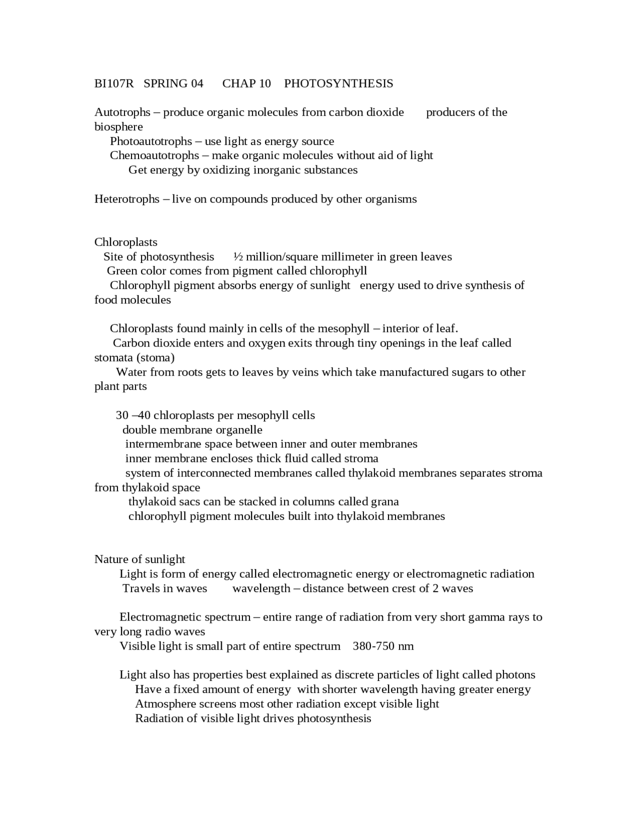 Photosynthesis Principles Of Biology I Bi 107 Docsity