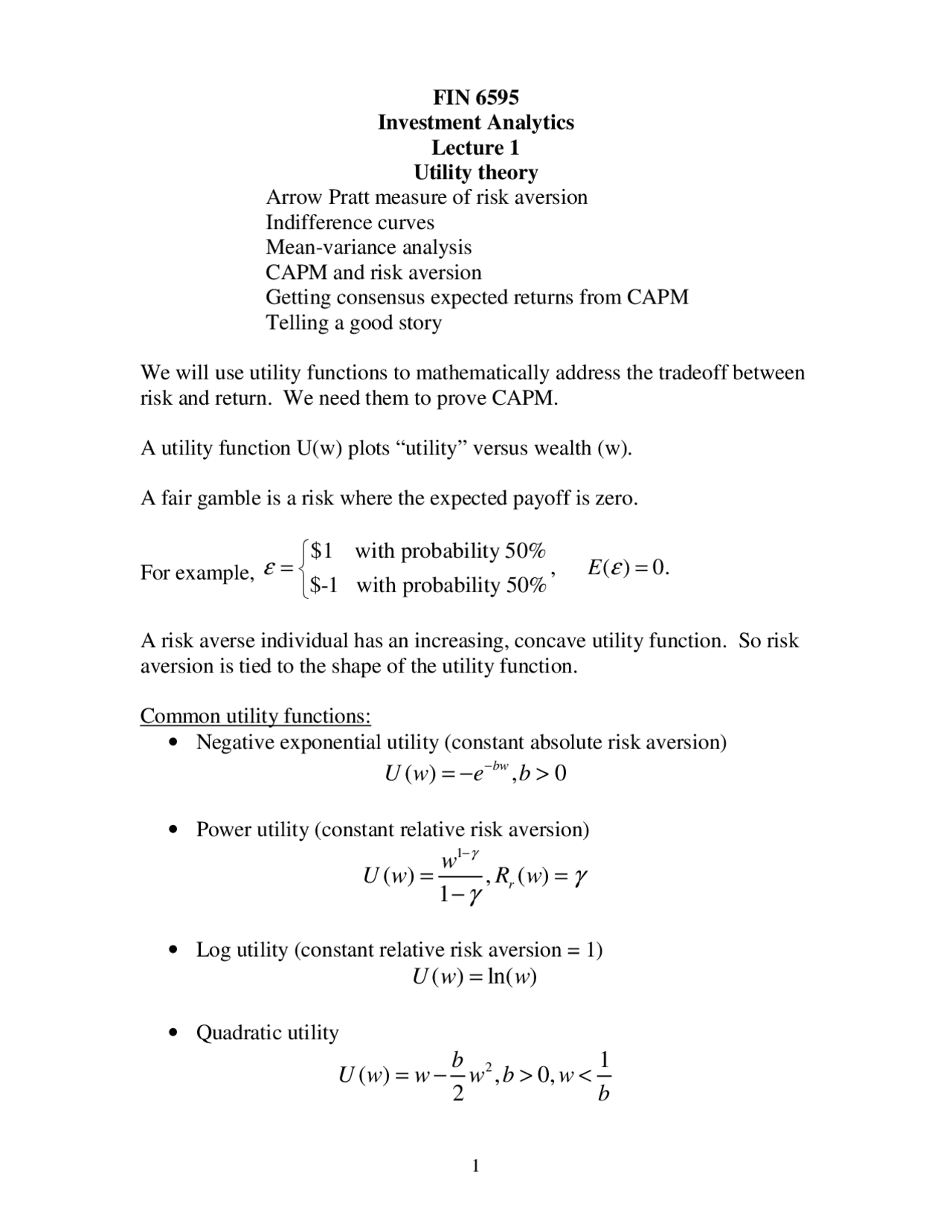 Utility Theory Investment Analytics Handout Fin 6930 Docsity