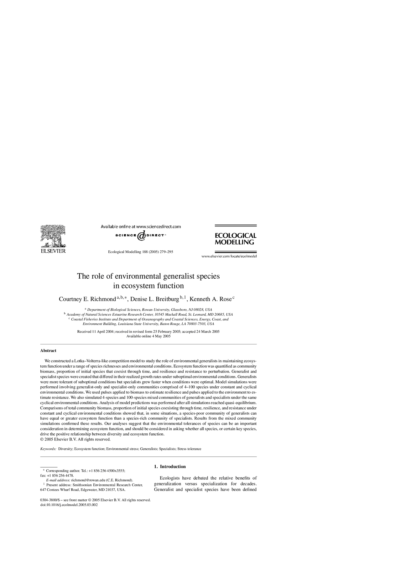The Role of Environmental Generalist Species in Ecosystem Function ...