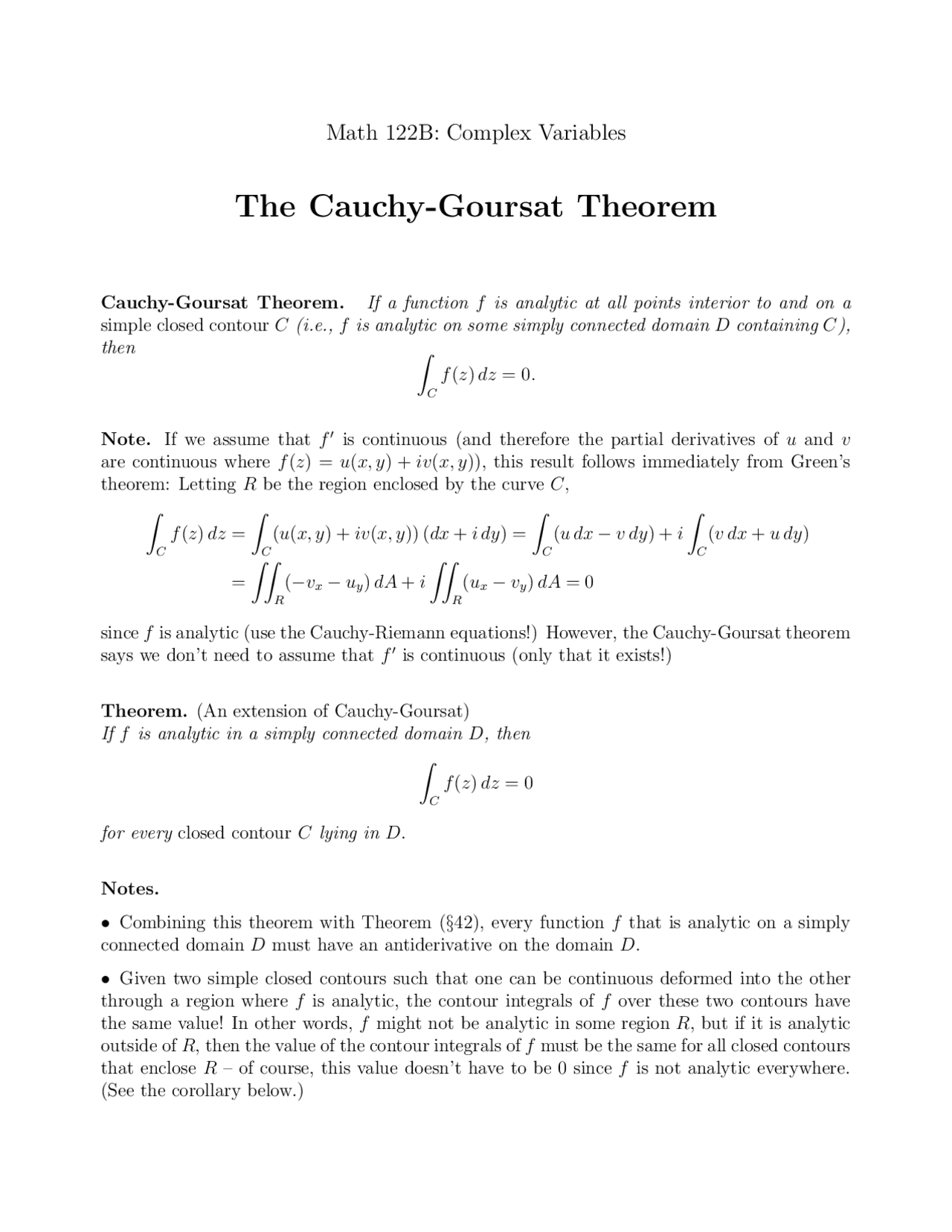 The Cauchy-Goursat Theorem - Lecture Notes | MATH 122A - Docsity
