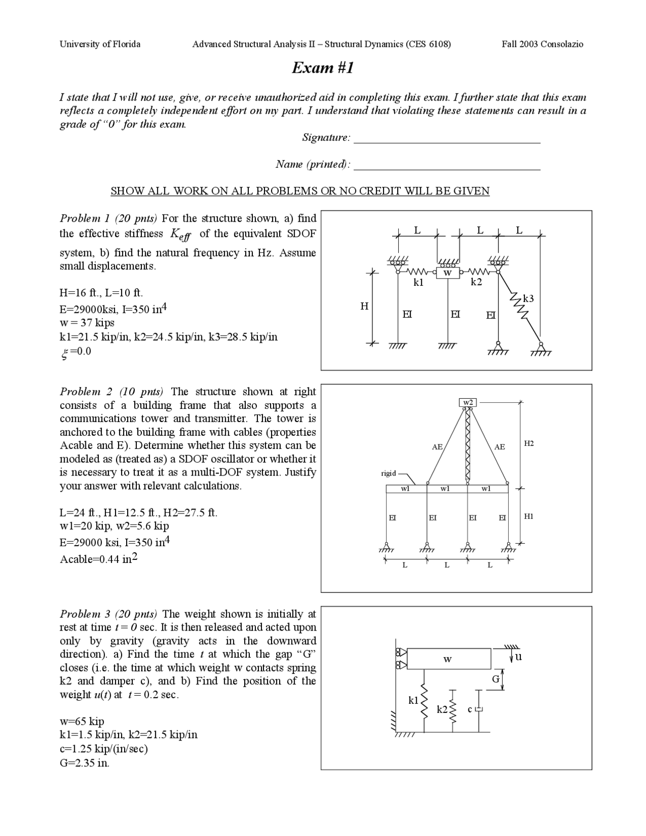 Exam 1 Structural Dynamics Fall 2003 Ces 6108 Docsity