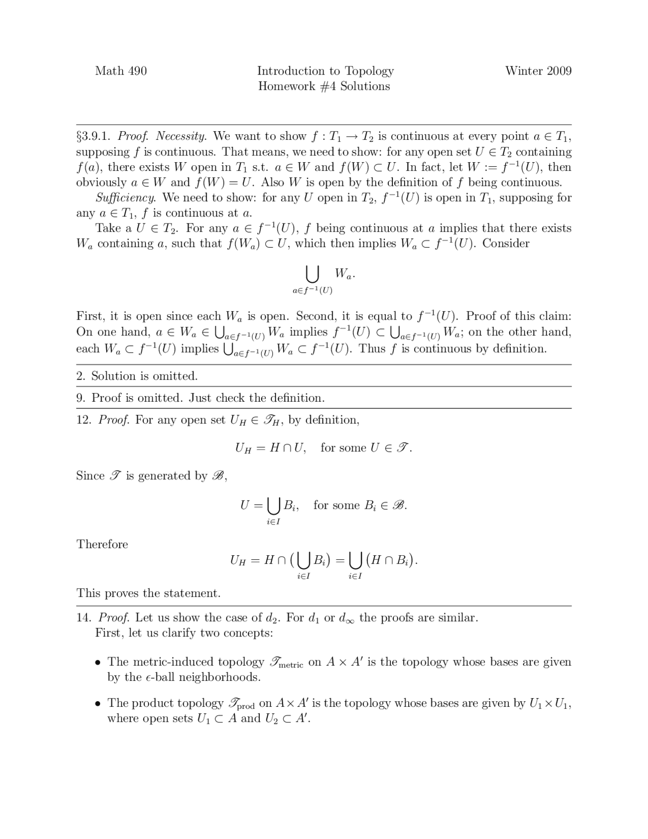 Homework 4 Solutions Introduction To Topology Math 490 Docsity
