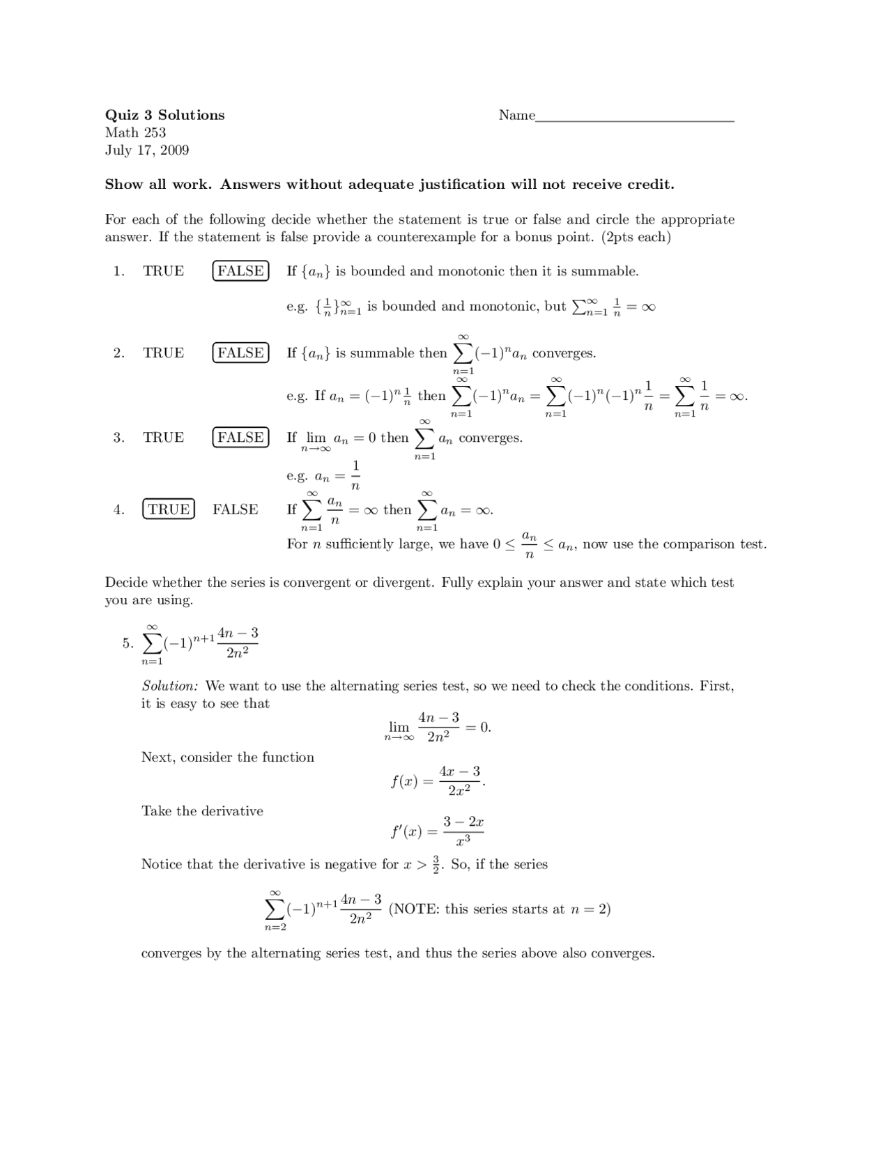Quiz Iii With Solutions Calculus Iii Fall 2009 Math 253 Docsity
