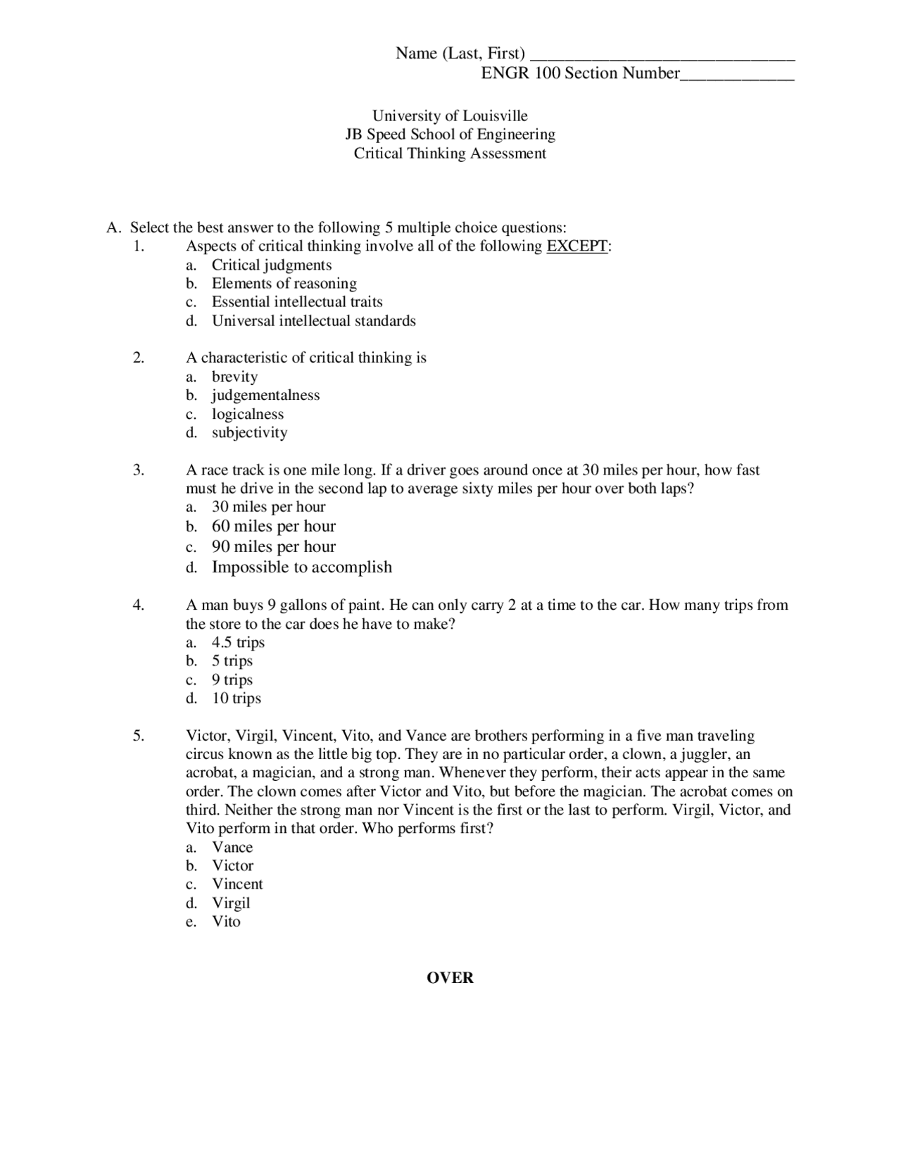 Exam On Critical Thinking Assignment Introduction To Engineering