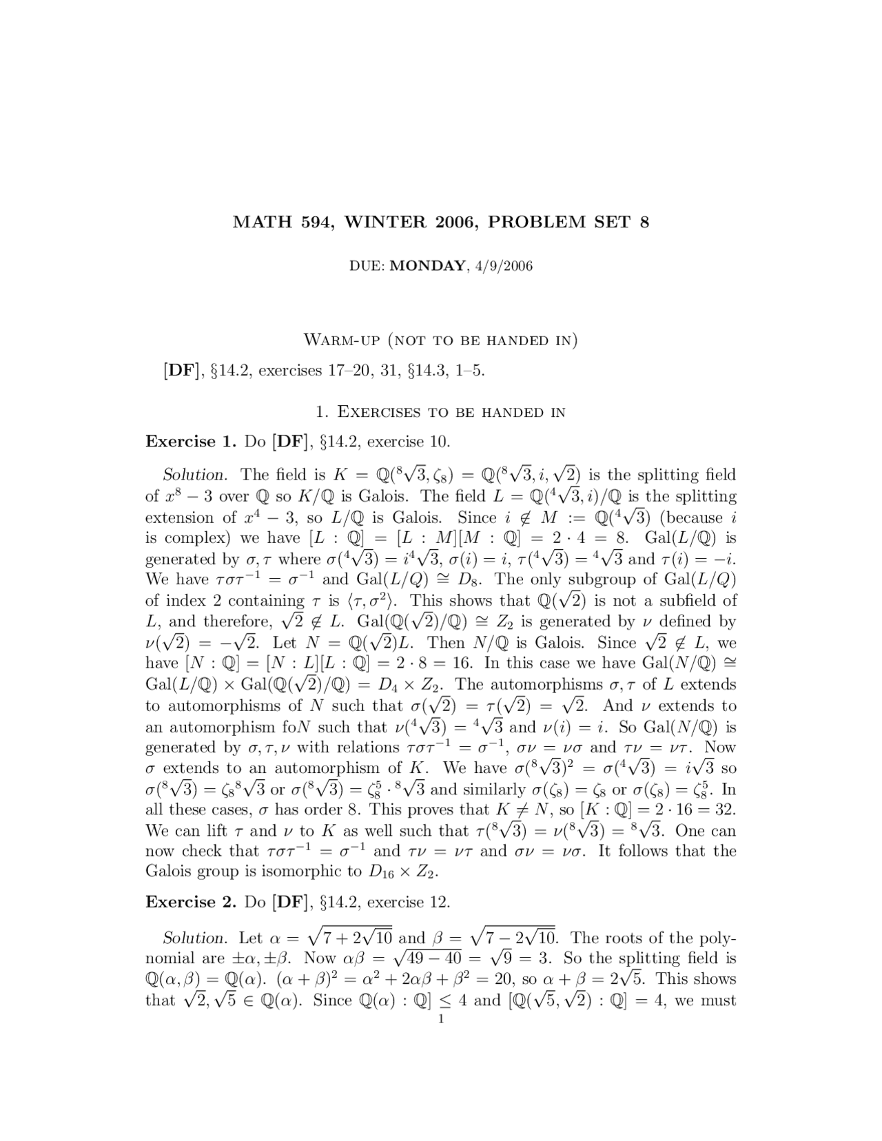 Problem Set 8 Questions With Solutions Algebra Ii Math 594 Docsity