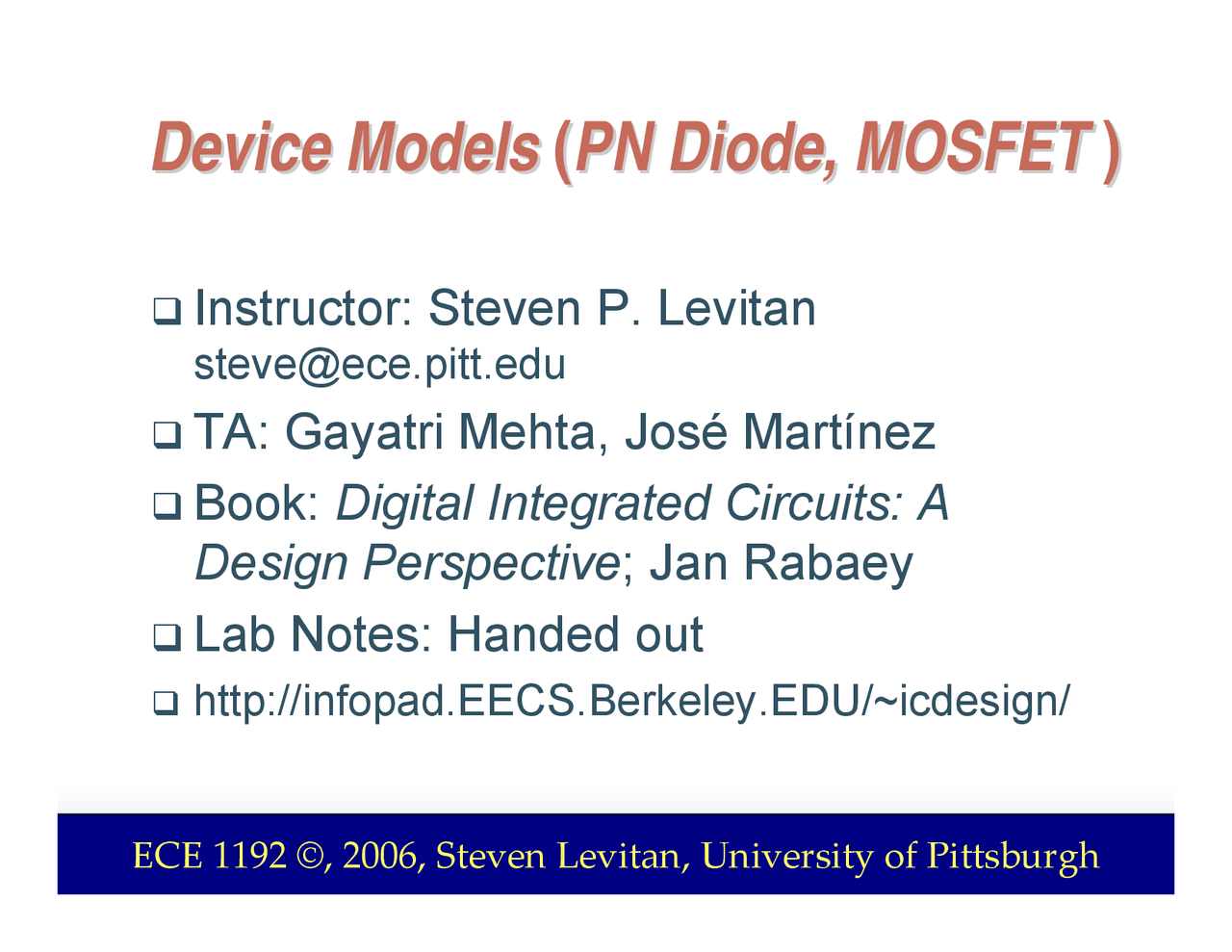 Device Models - Introduction to VLSI Design | ECE 1192 - Docsity