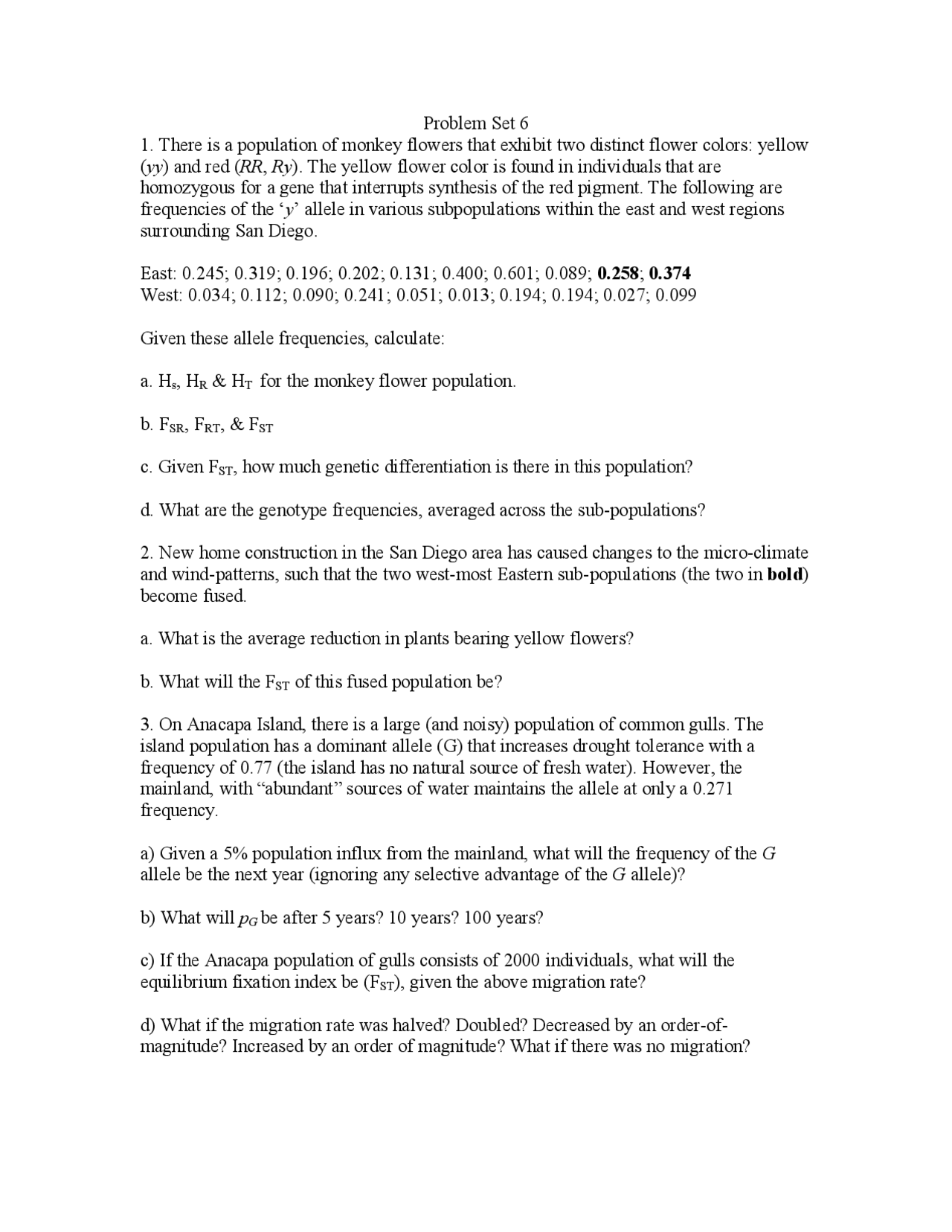 Problem Set 6 Population Genetics Eemb 130 Docsity