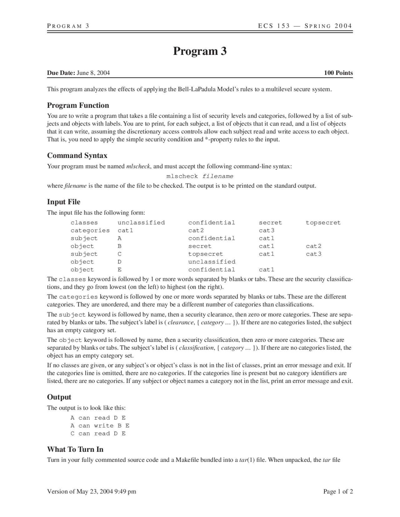 Program 3: Implementing Bell-LaPadula Model in a Multilevel Secure System | Assignments Computer ...