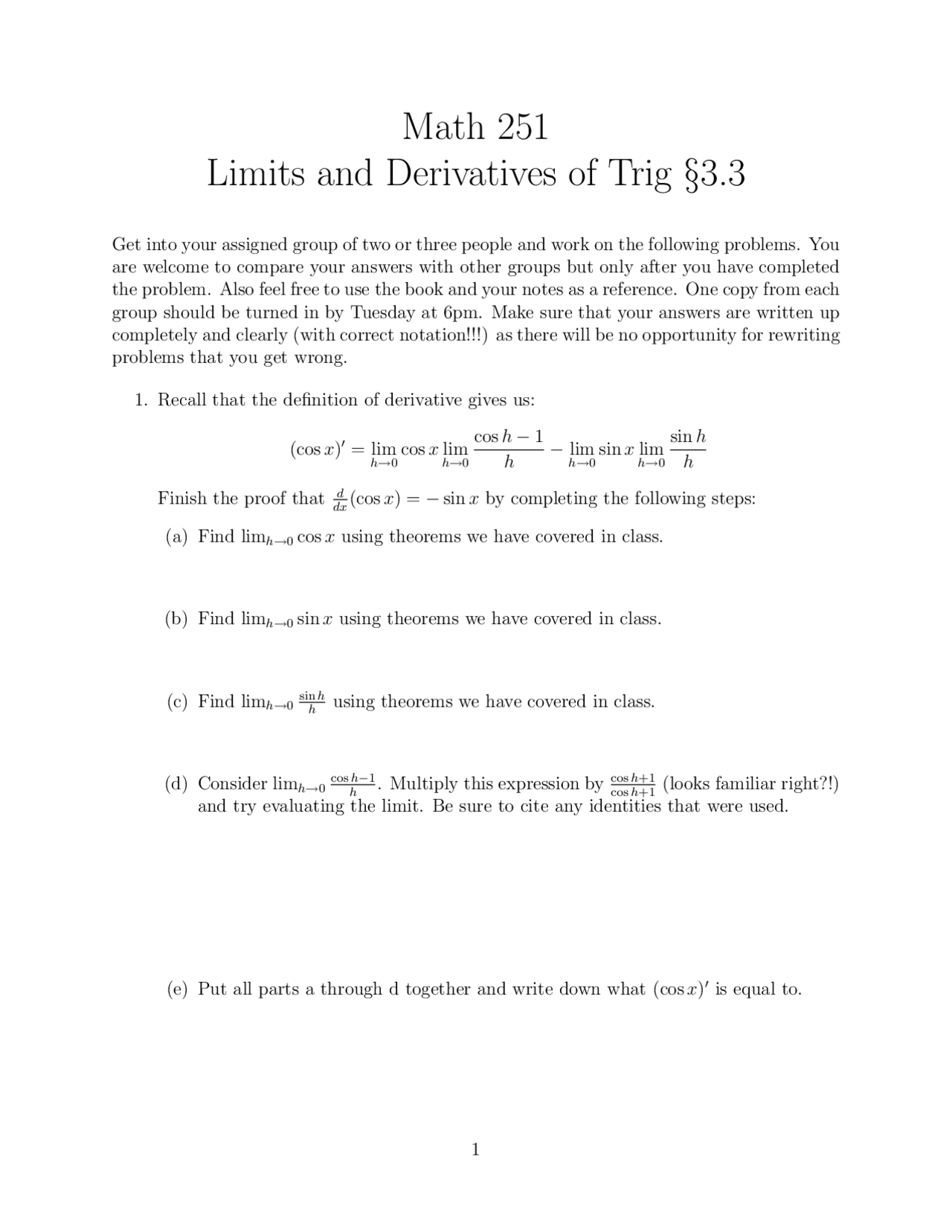 Notes On Limits And Derivatives For Calculus I Math 251 Docsity