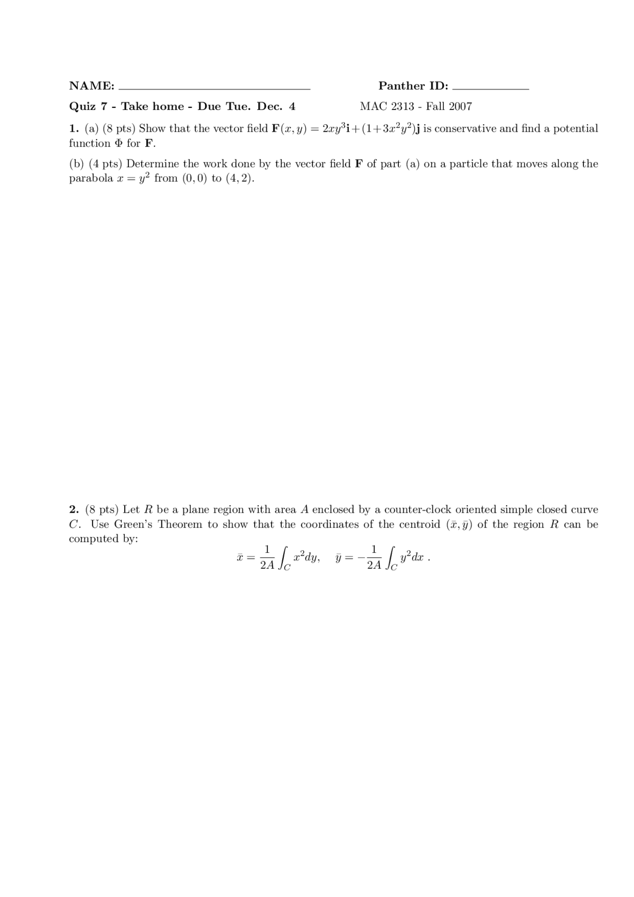 Quiz 7 Review Multivariable Calculus Mac 2313 Docsity