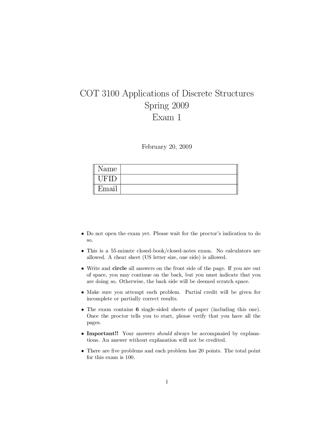 5 Problems In Midterm Exam 1 Applications Discrete Structure Cot 3100 Docsity