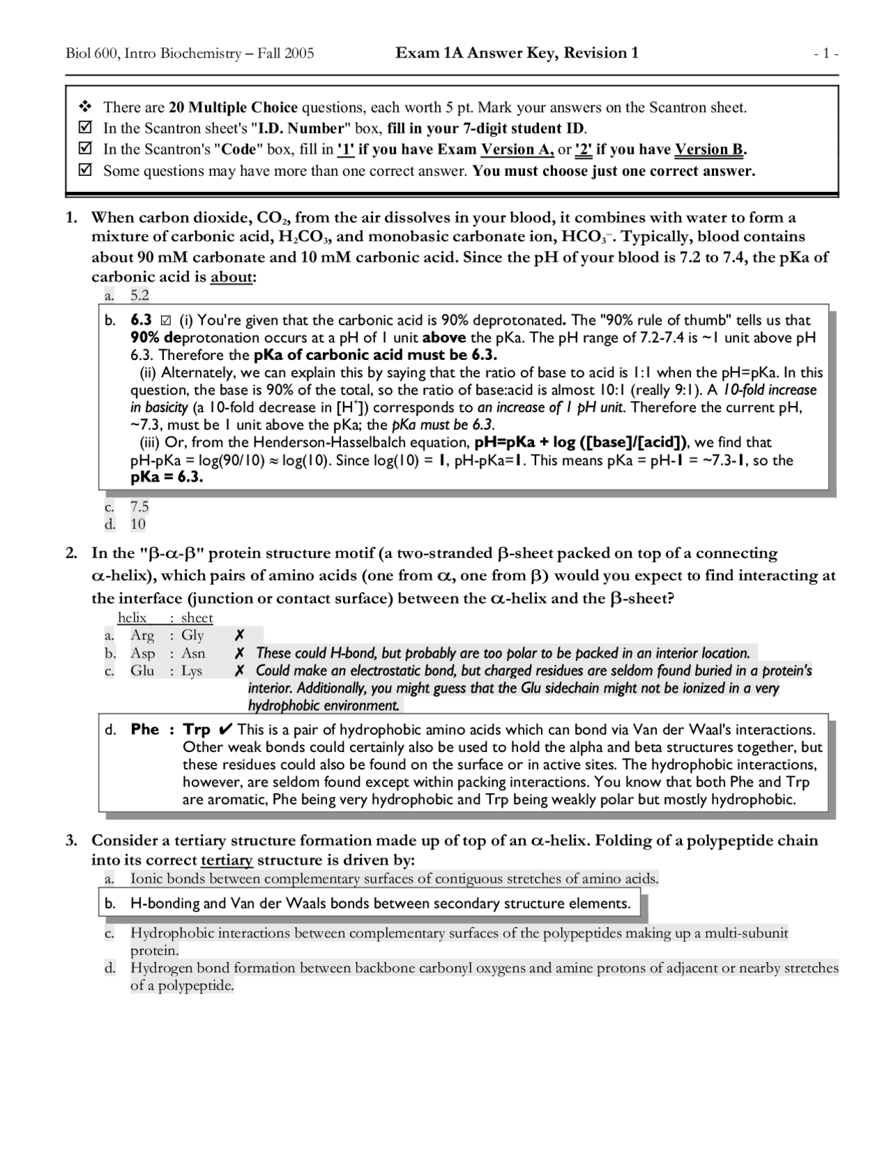 Exam 1a With Key With Explanation Introduction Biochemistry Biol