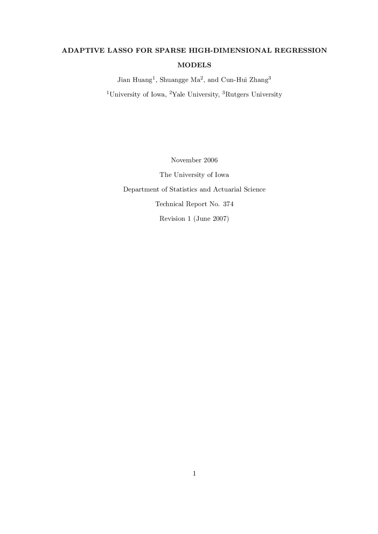 Adaptive Lasso for Sparse High-Dimensional Regression Models | 101 119 - Docsity