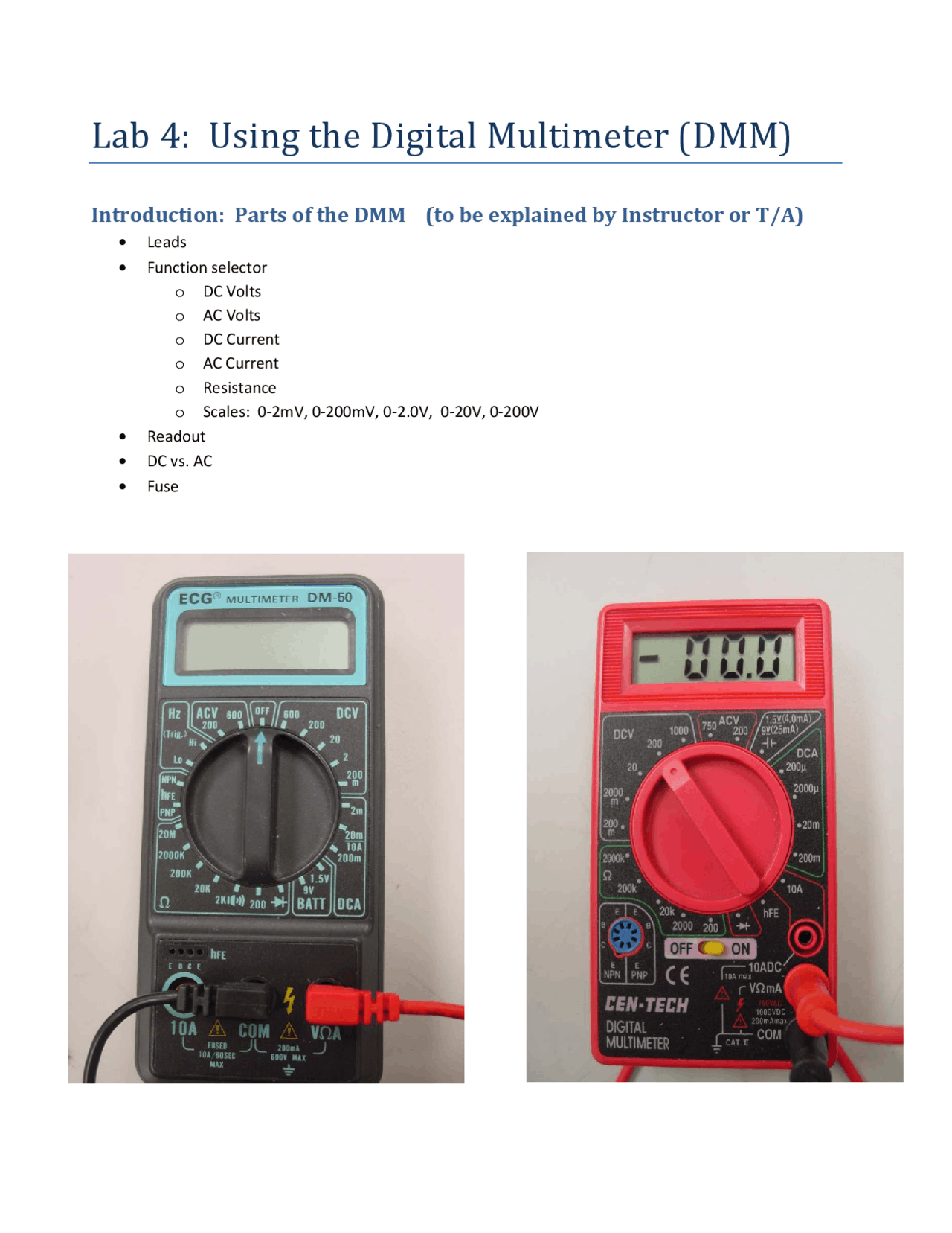 Using the Digital Multimeter in Design Machine Elements - Experiment | MAE T404 - Docsity