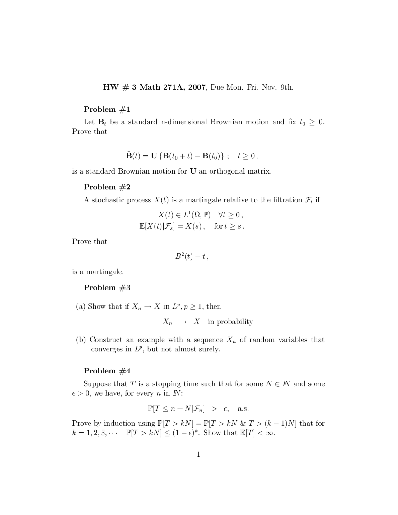 4 Problems For Assignment 2 Stochastic Processes Math 271 Docsity
