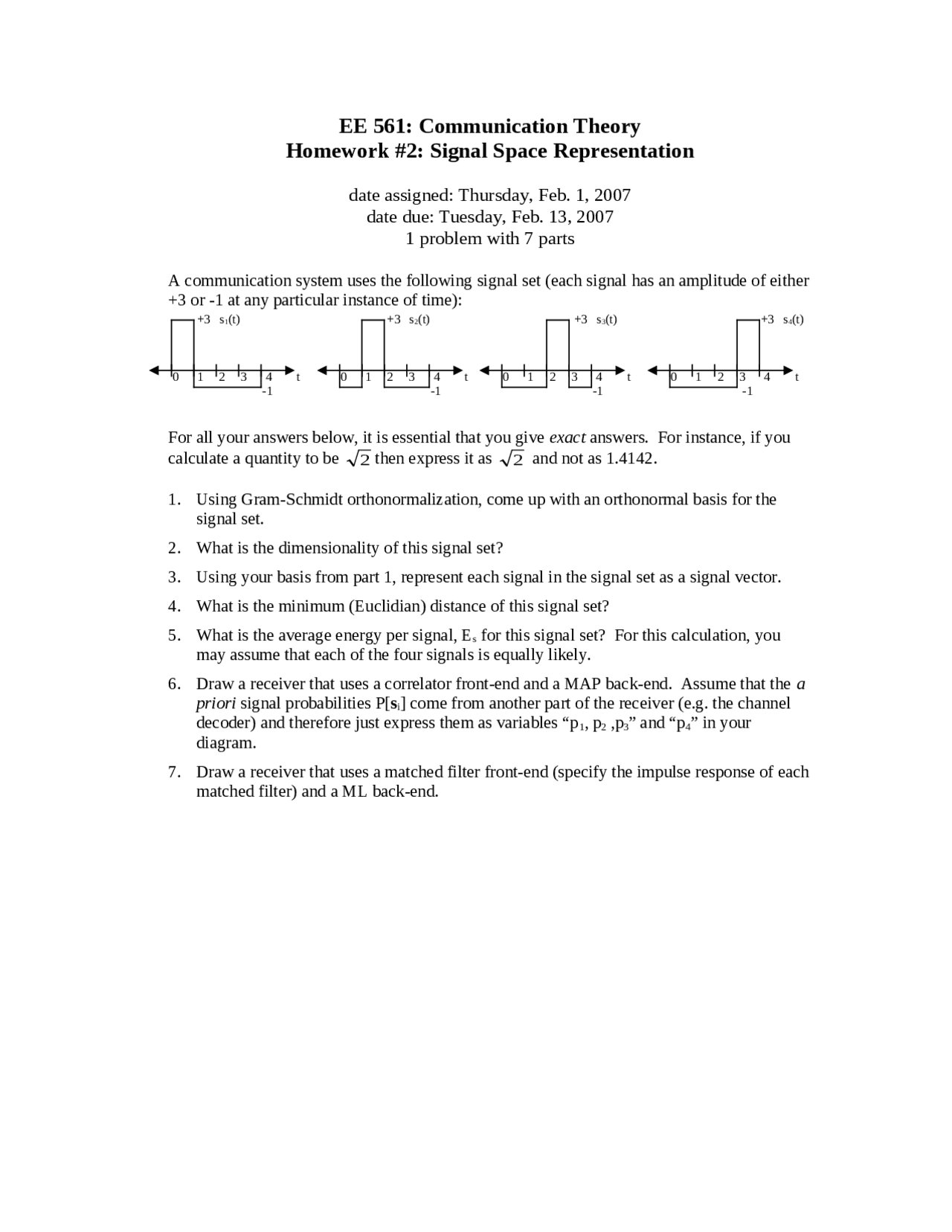 Homework 2 Signal Space Representation Ee 561 Docsity