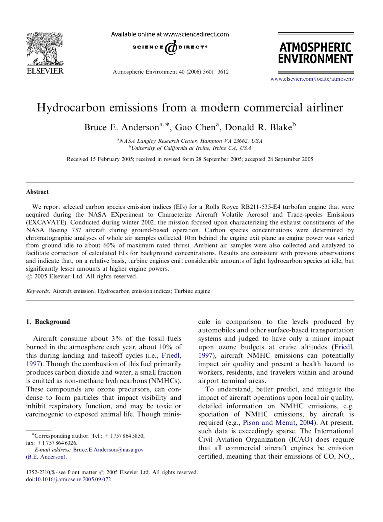 Aircraft Engine Emissions: Hydrocarbon Concentrations & Mass Emission ...