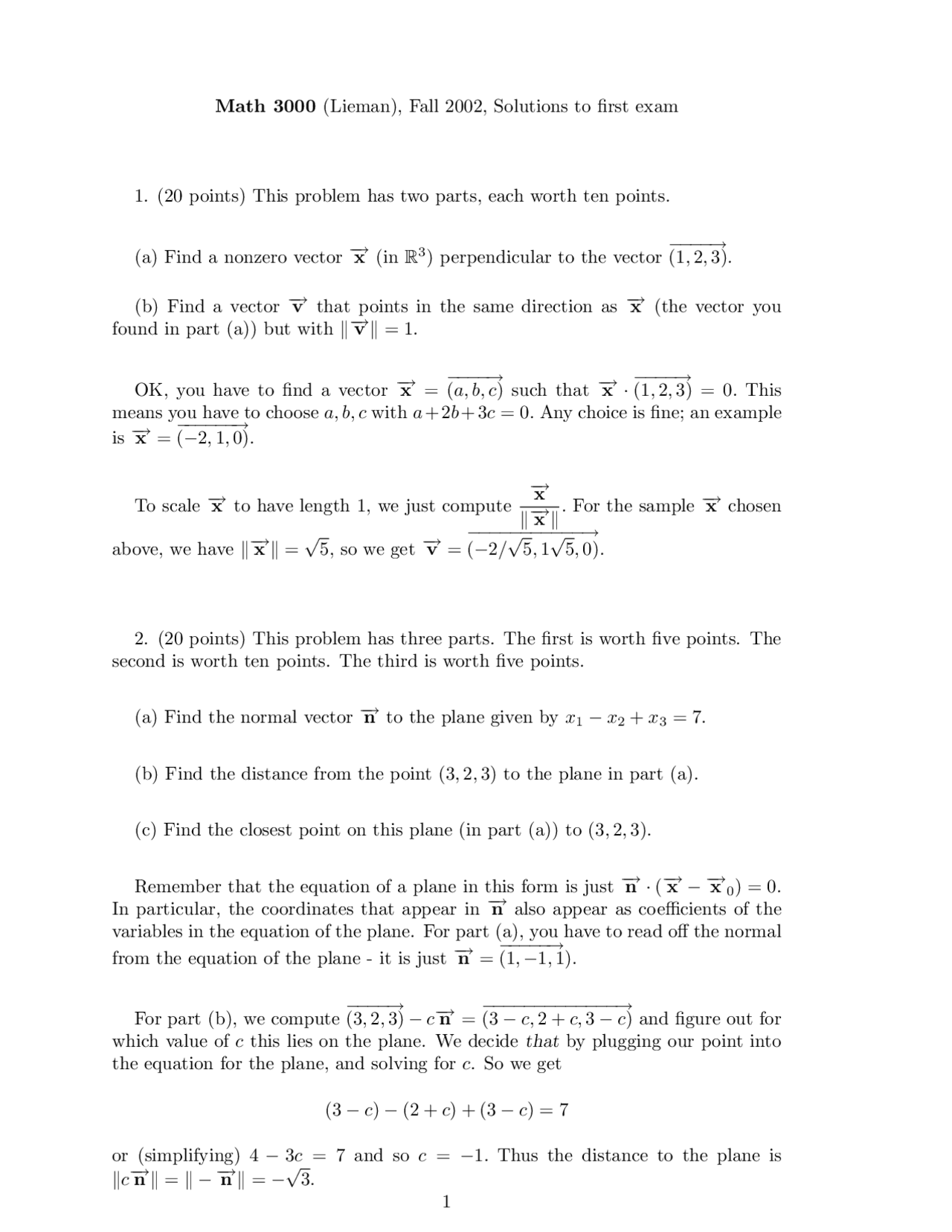 Solutions to First Exam - Introduction to Linear Algebra | MATH 3000 ...