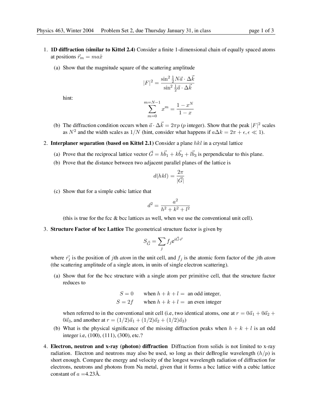 Problem Set 2 On Introduction To Solid State Physics 463 Docsity