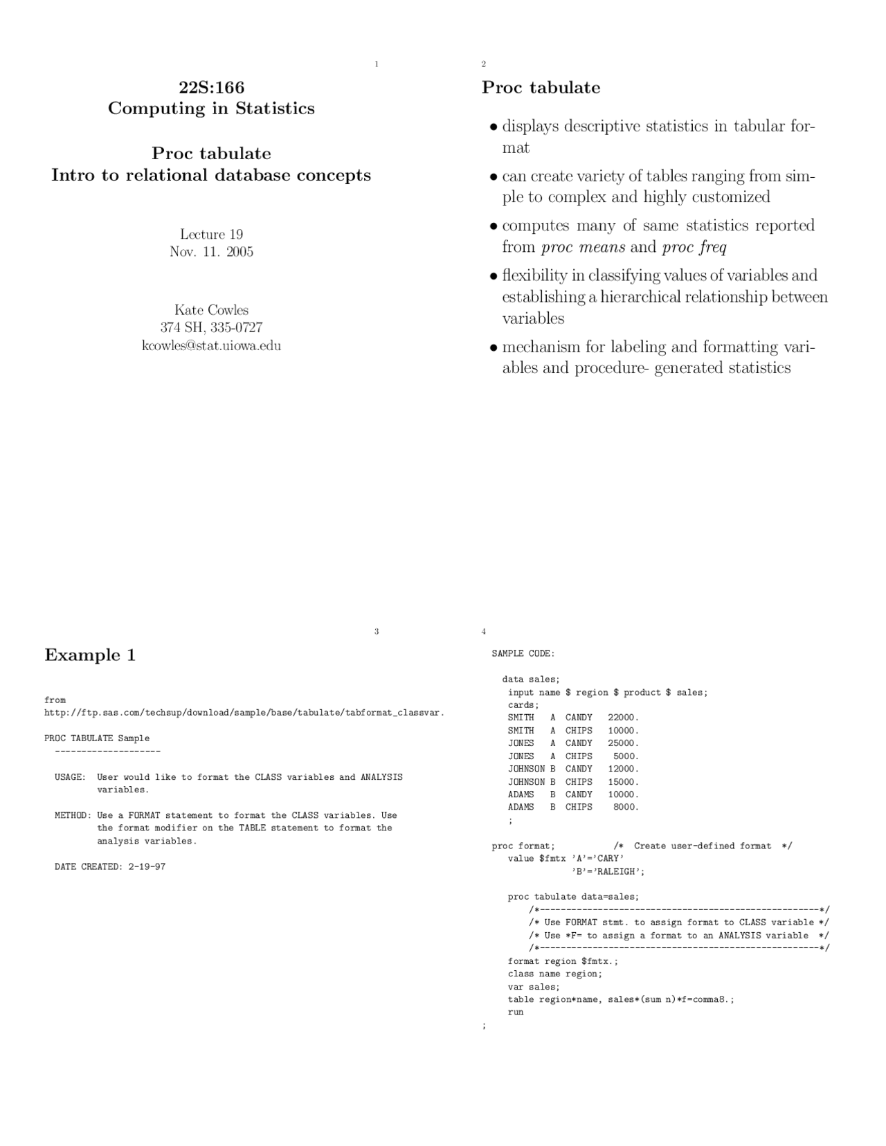 Proc Tabulate, Introduction to Relational Database Concepts - Examples | 22S 166 - Docsity