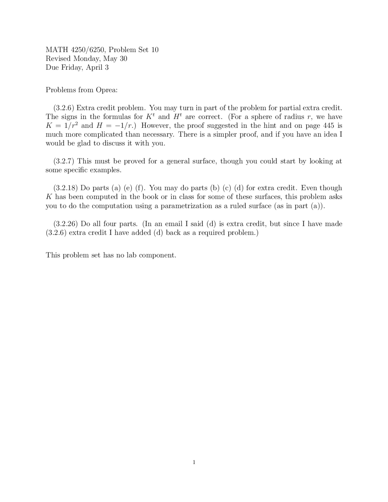 Problem Set 10 Questions Different Geometry Math 4250 Docsity