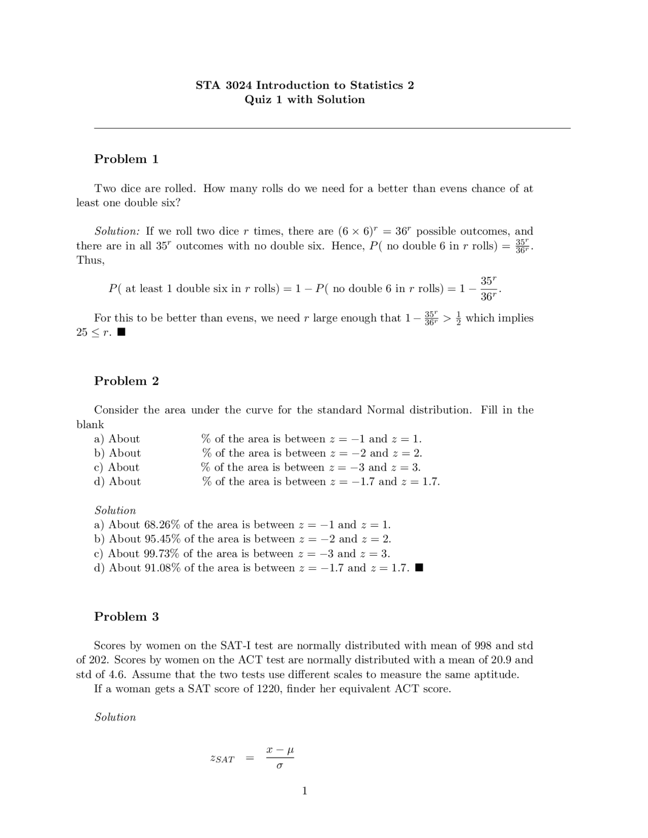 Quiz 1 With Solutions Introduction To Statistics Ii Sta 3024 Docsity