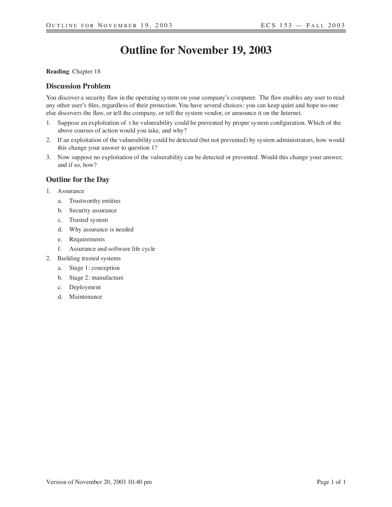 Discussion Problems Computer Security Ecs 153 Docsity