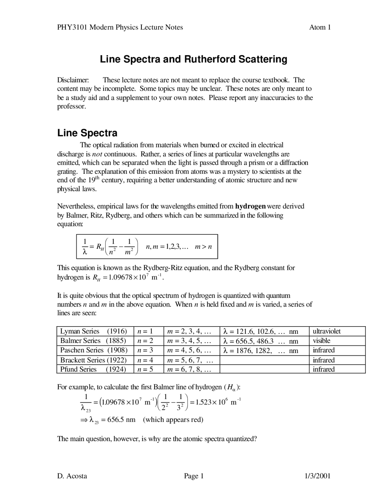 Modern Physics Lecture Notes: Atom 1 - Line Spectra and Rutherford ...