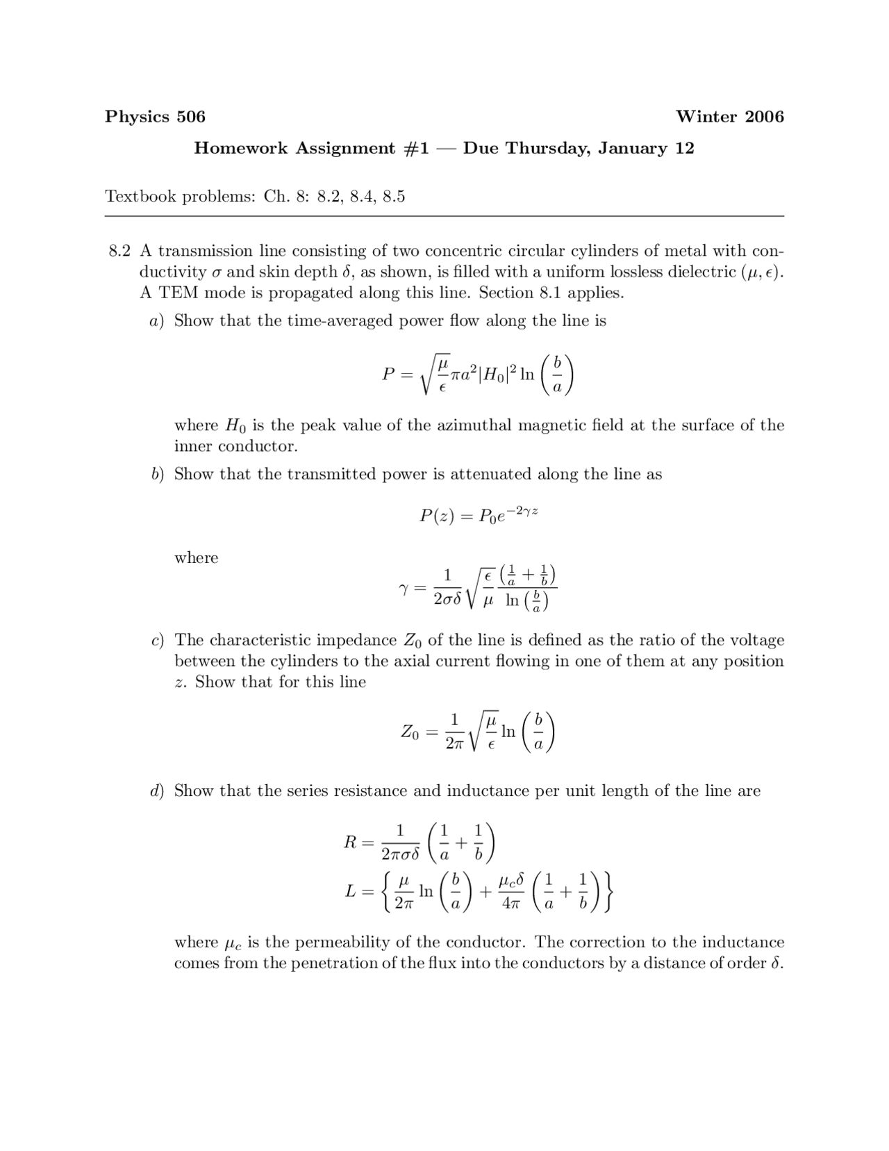 Unsolved Assignment 1 Electricity And Magnetism Ii Physics 506