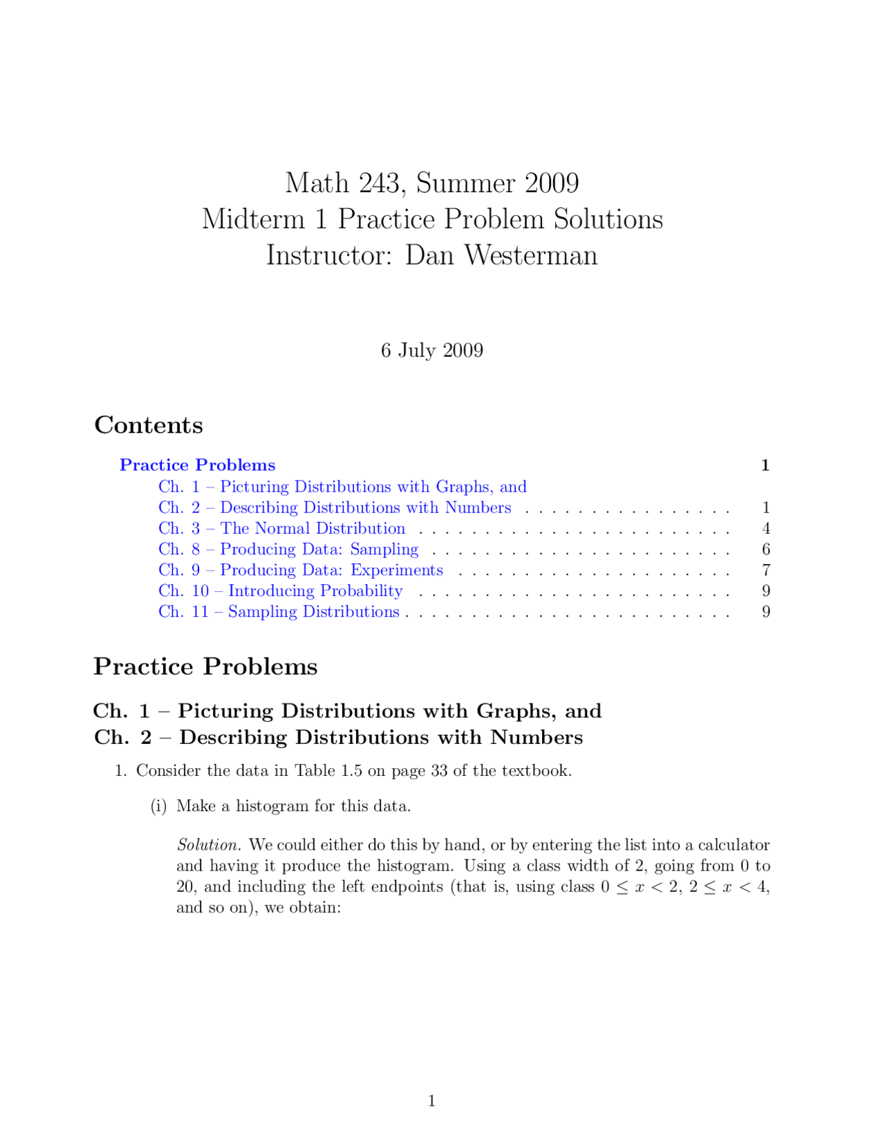 Midterm Practice Problem Solutions - Methods of Probability and Static | MATH 243 - Docsity