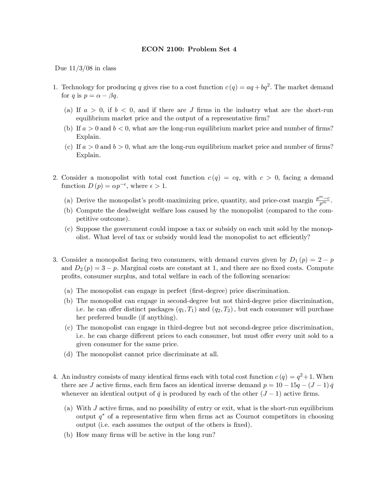 Practice Problem Set 4 Advanced Microeconomics Econ 2100 Docsity