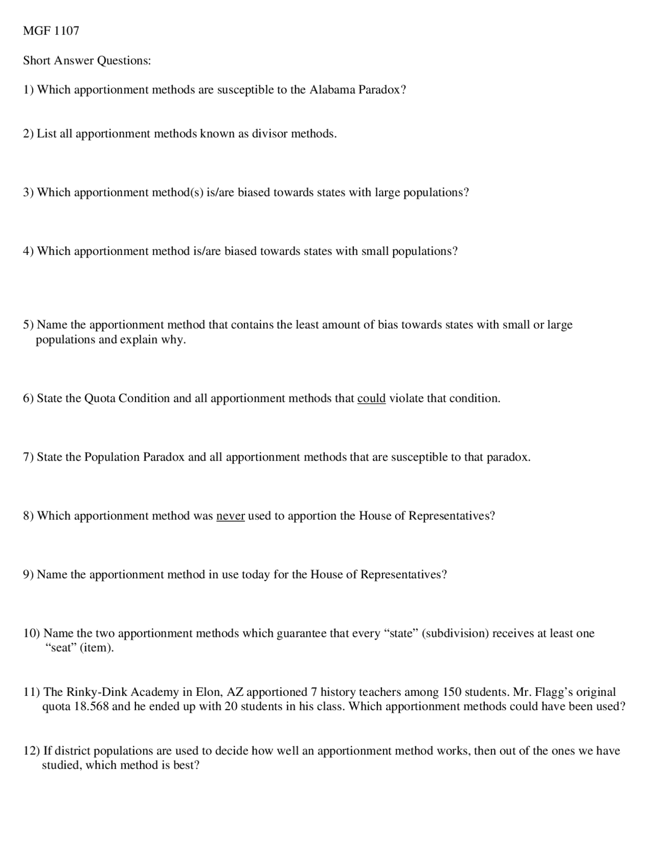 Exam Study Questions - Social Choice Mathematics | MGF 1107 | Study ...