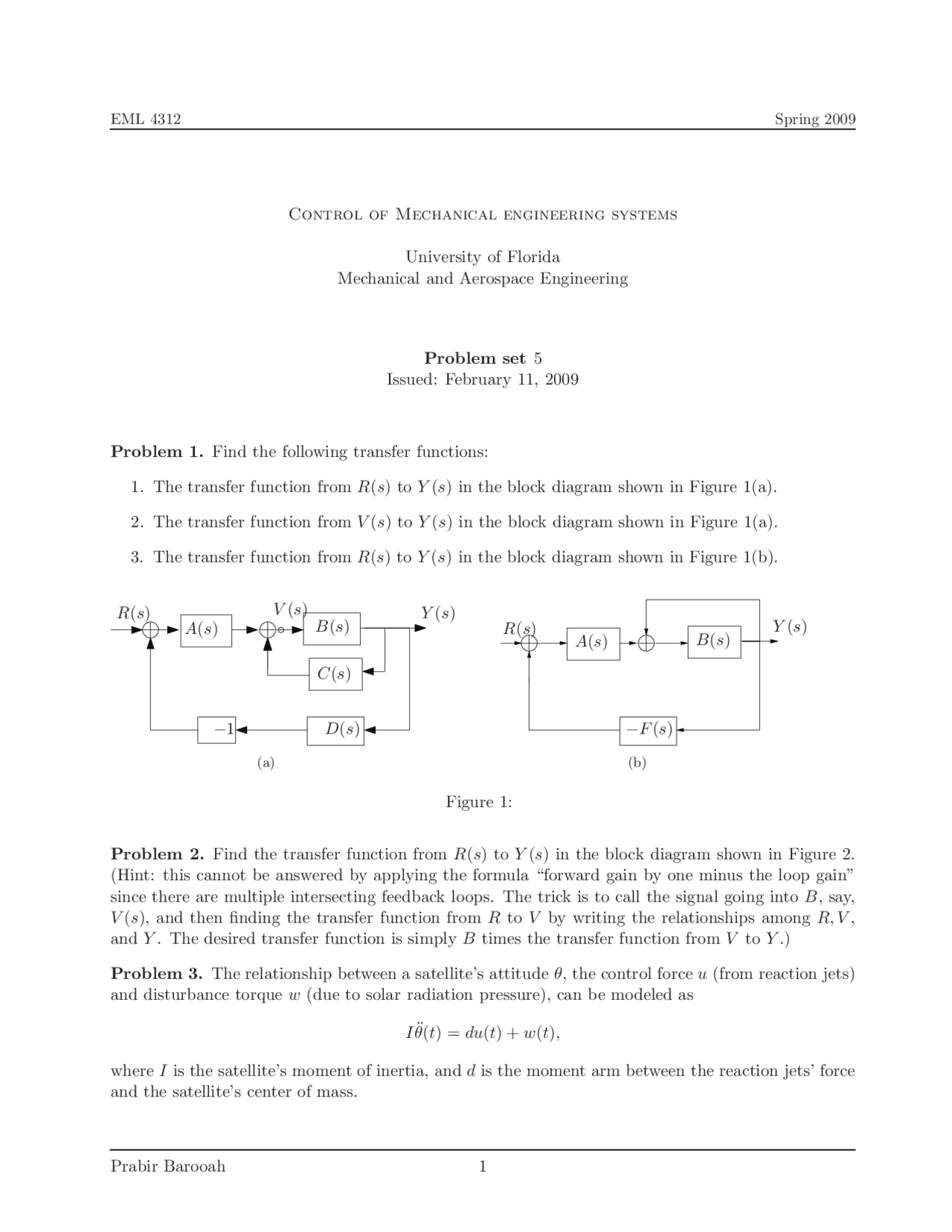 Control Mechanical Engineering Systems - Problem Set 5 | EML 4312 - Docsity