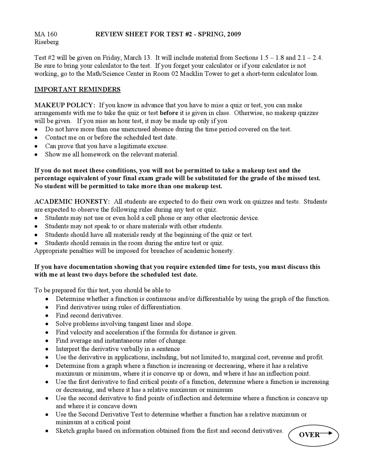 Review Sheet Elementary Applied Calculus I Ma 160 Docsity