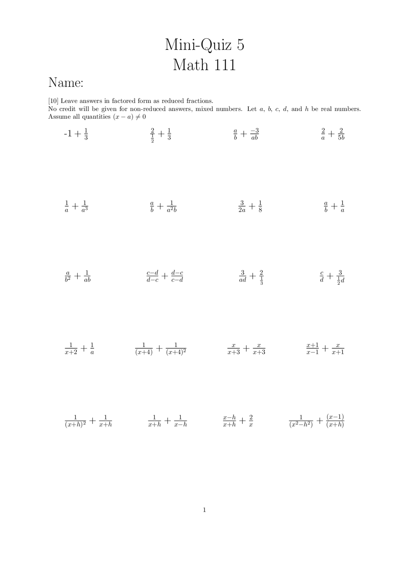 Math 111 Mini-Quiz 5: Factoring and Reducing Fractions - Prof. R ...