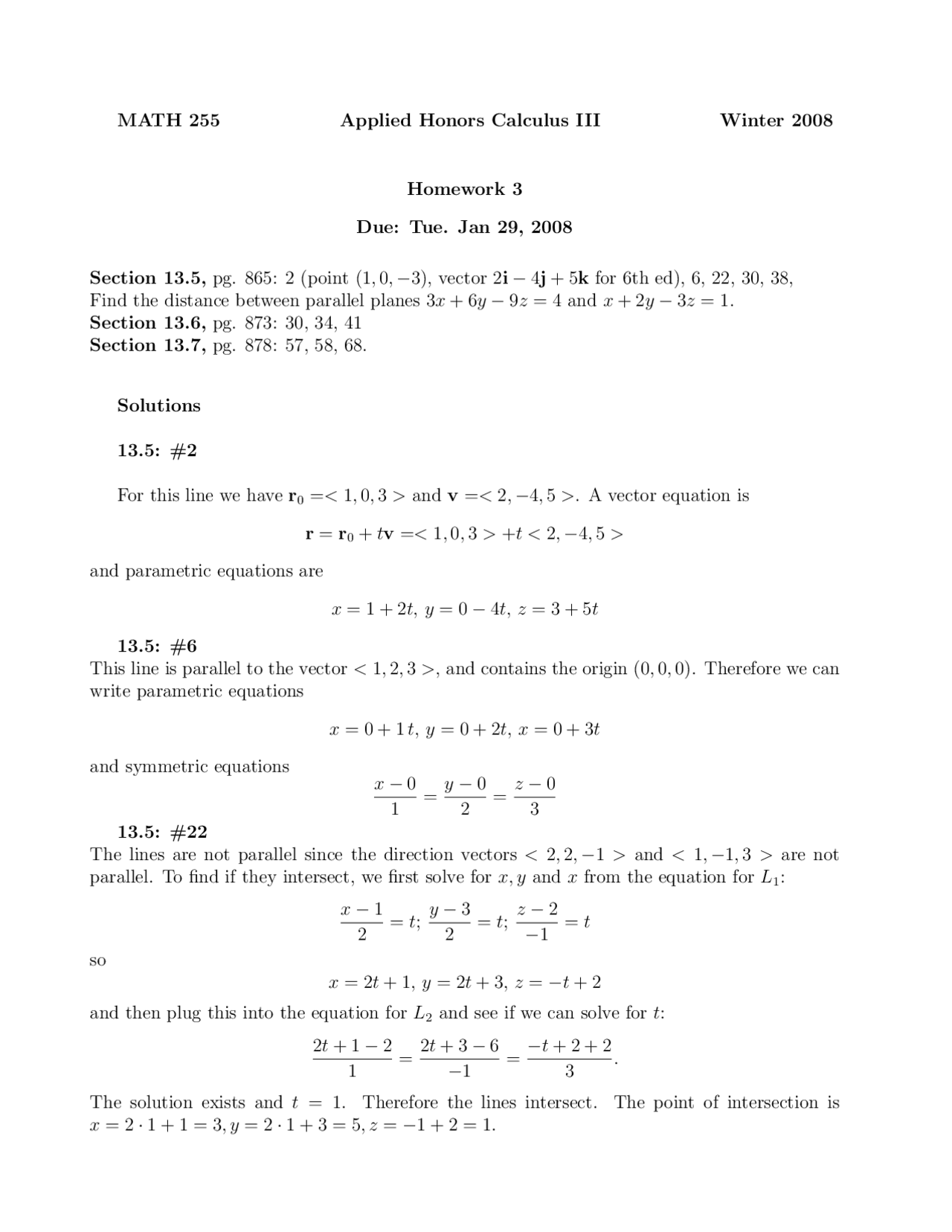 Applied Honors Calculus Iii Assignment 3 Math 255 Docsity